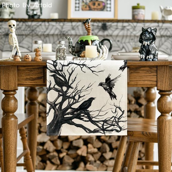 Tafelloper Zwart-Wit Silhouet Raven en Boom - Herfst en Halloween ...