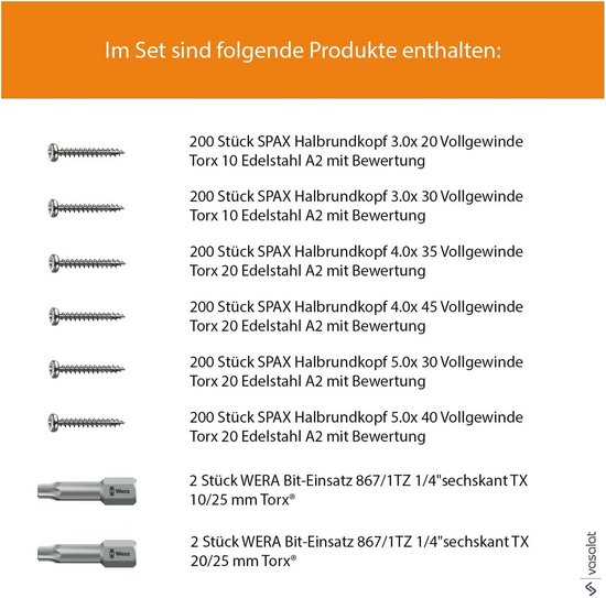 Houtschroevenset RVS A2 met Torx, 6 Maten Schroeven voor Buiten en ...