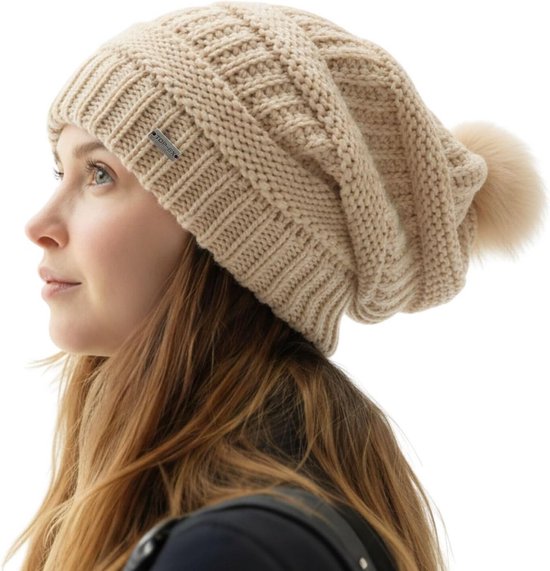 Warme Merinowollen Wintermuts met Pompon voor Dames | Fleece of Satijn ...