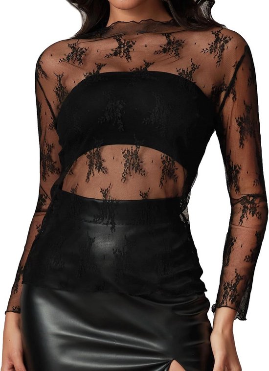 Dames Nettop - Sexy Transparante Mesh-top met Lange Mouwen - Rave ...