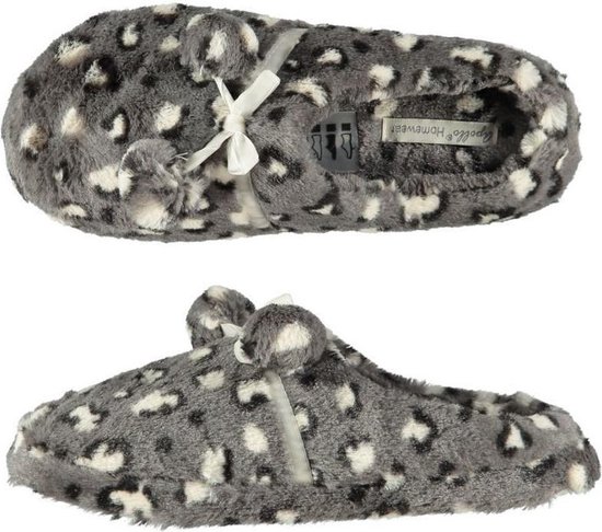 Instap sloffen/pantoffels panter met balletjes voor dames - Grijs/witte ...