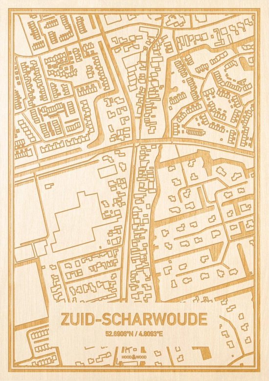 Kaart Zuid-Scharwoude - Gegraveerde stadskaart Hood&Wood - Hout, A4 | bol.com