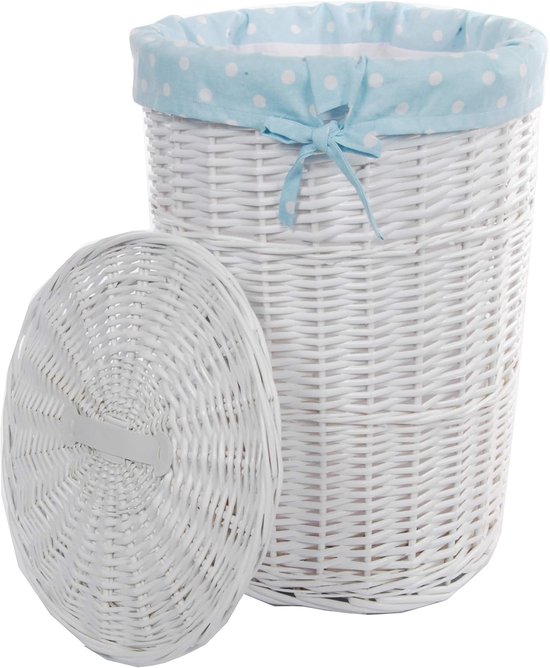 Wasmand Riet Wit Met Katoenen Binnenvoering Babyblauw Met Stippen | bol