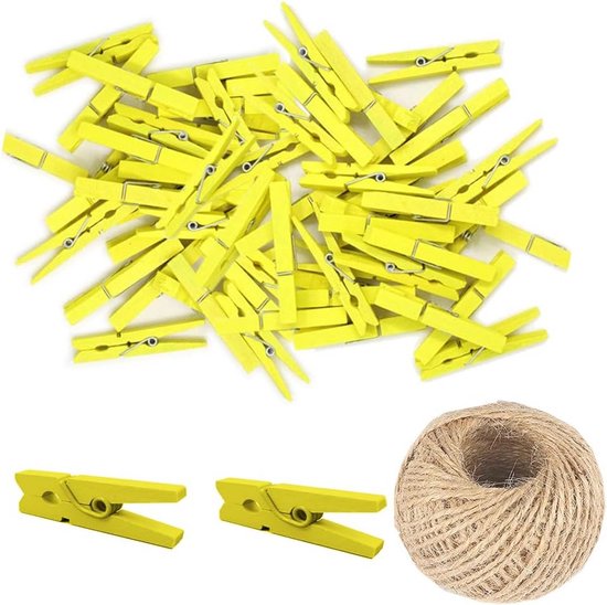 100 Mini Houten Knijpers met 30 Meter Jute Touw - Fotoclips en ...