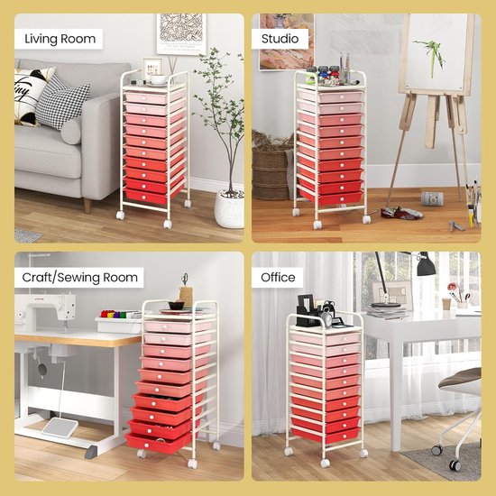 10-Lade Opbergkar met Wielen - Transparant - PP - Chroom - Voor Kantoor ...