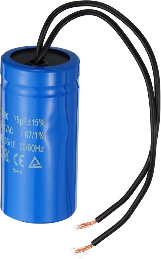 CD60 condensator, 75 uF 250 VAC 2 draden 50/60 Hz motor starter ...