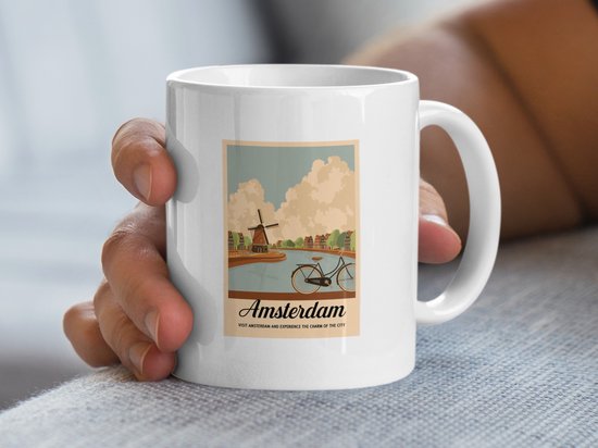 Amsterdam Retro Travel Mug, Nederland Molen Fiets Design, Vintage ...