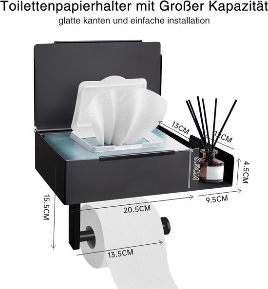 Toiletrolhouder met vakje voor vochtige doekjes, toiletrolhouder zonder ...