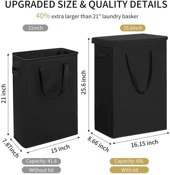 Slanke wasmand met deksel - Opbergmand voor kleding - 60 liter - zwart - opvouwbaar | bol