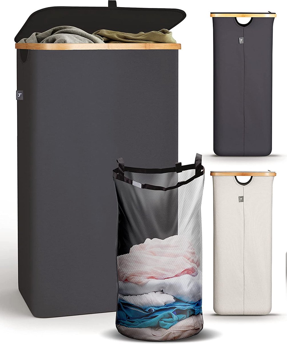 HENNEZ 100L Wasmand met Deksel Donkergrijs - Uitneembare Waszak ...