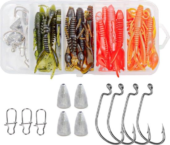 16 x Rubber Fish Texas Rig Fishing Rod Set - Offset Hooks and Bull ...