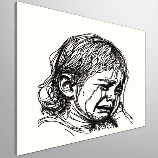Line art huilend kind schilderij | Verdrietig kind omringd door lijnen ...