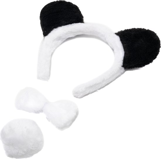 KIMU Panda Haarband Oren, Strik & Staart Diadeem Set - Zwart Wit Zacht ...