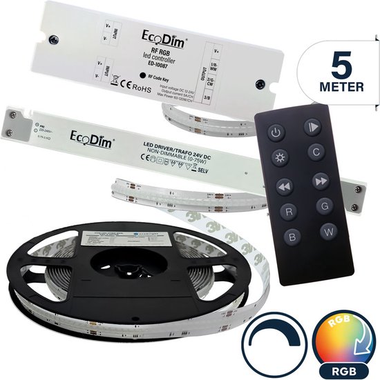 Led strip 5 meter RGB - COB - 24V - Complete set - Afknipbaar ...