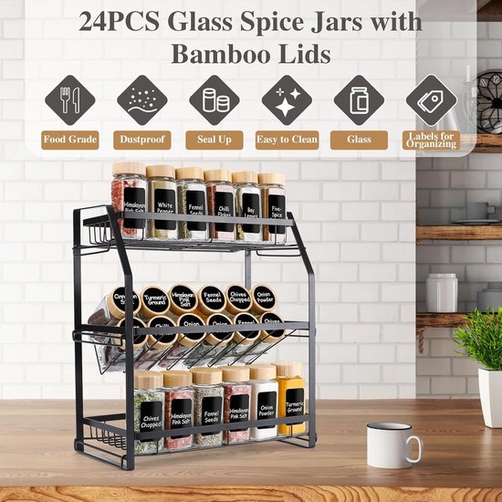 Rechthoekige kruidenpotjes - 24 x 120 ml - strooiinzetstuk - bamboedeksel -... | bol