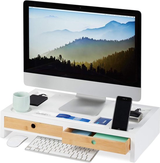 Opberglades Monitorstandaard Beeldschermverhoger Bamboe MDF Wit Monitor ...
