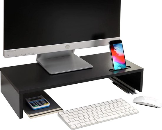 Enkele Plank Monitor Stand Zwart Hout - Computer Laptop TV Riser Bureau ...