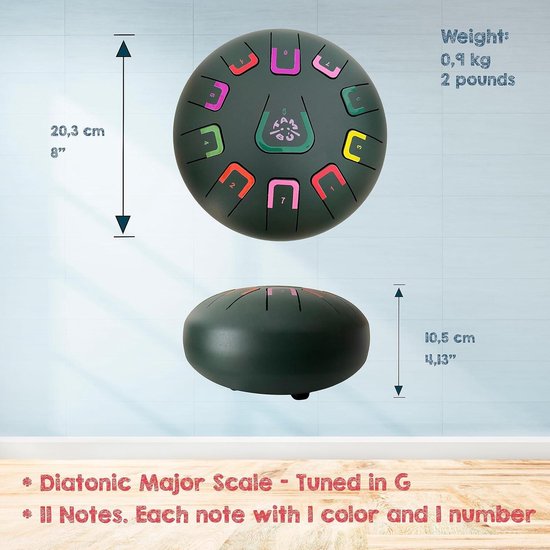 Handpan van staal 8 inch 11 noten - metaalslag instrument in mat ...