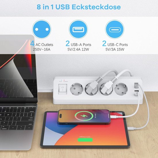 Stekkerdoos Hoekstopcontact USB Type-C 4-voudig meervoudig stopcontact ...