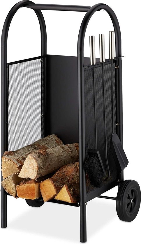 Haardset met brandhoutwagen wielen - schep bezem pook - 3-delig brandhoutkar zwart | bol