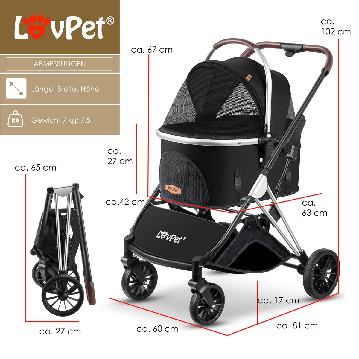 LOVPET® Hondenbuggy 3in1 hondenwagen huisdieren Wandelwagen Buggy met transporttas... | bol