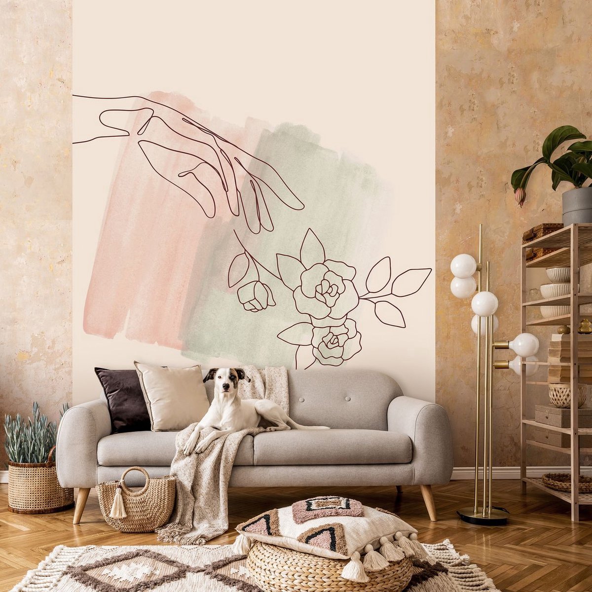 Fotobehang - Vlies Behang - Bohemian Line Art - Hand met Rozen - Kunst ...