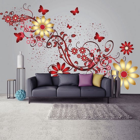 Fotobehang - Vlies Behang - Bloemen en Vlinder Kunst - 254 x 184 cm | bol