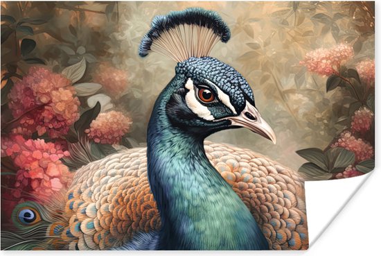 Poster Pauw - Vogel - Bloemen - Planten - Pauwenveren - 120x80 cm | bol