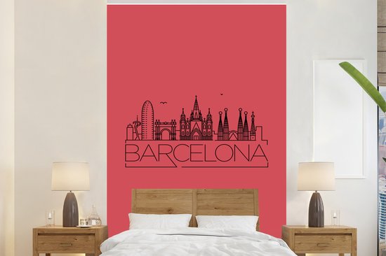 Behang - Fotobehang Skyline Barcelona op een rode achtergrond - Breedte ...