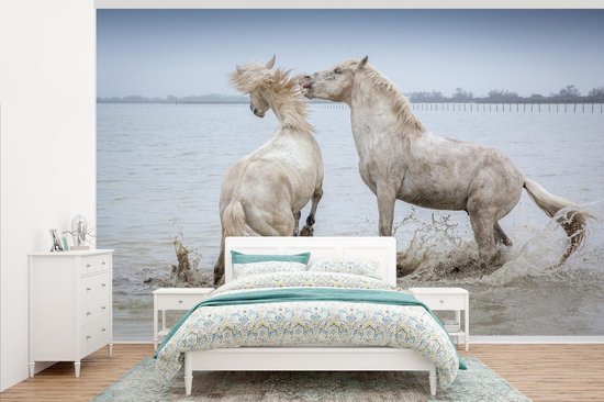 Behang - Fotobehang Twee paarden spelen in het water in Camargue ...