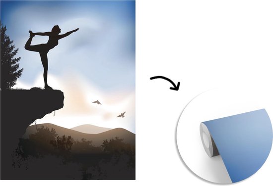 Behang - Fotobehang een persoon die yoga doet op een rots - Breedte 235 ...