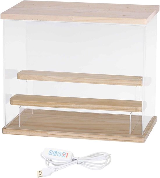 3-laags transparante acryl displaykast - met LED-verlichting en houten ...