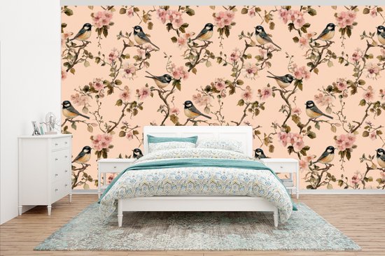Behang - Fotobehang Bloesem - Koolmees - Roze - Breedte 430 cm x hoogte ...