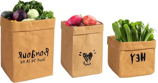 Set of 3 Brown Kraft Paper Bags for Refrigerator - Waterproof Reusable ...
