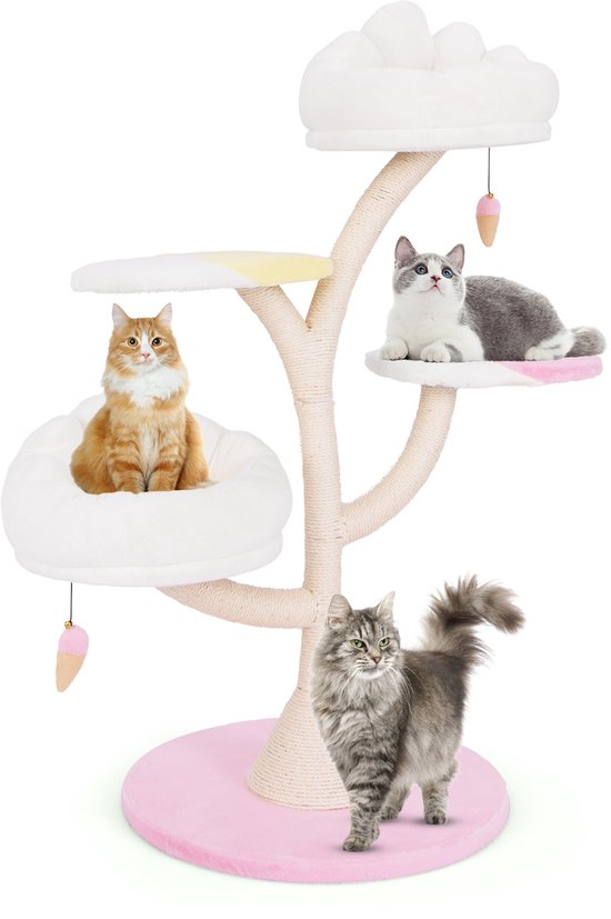 COSTWAY Krabpaal van hout, schattige kattenboom met 2 ligvlakken & 2 platforms &... | bol