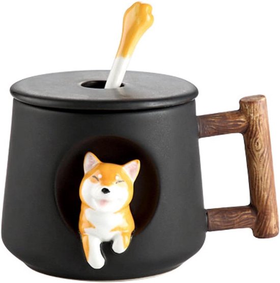 Schattige Shiba Inu 420ml keramische mok met deksel en lepel - servies ...