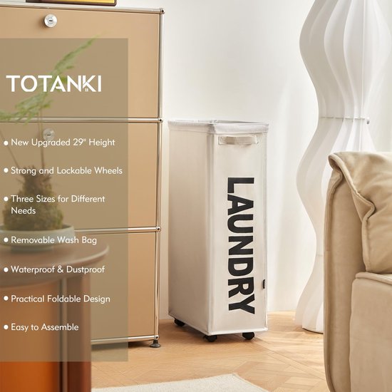TOTANKI Grote wasmand, hoog en smal, opvouwbare mobiele wasmand met 4 ...