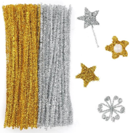 200 Pieces Colourful Pipe Cleaners with Gold + Silver Glitter Wire - 30 ...