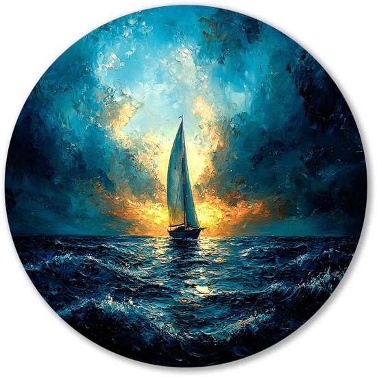Zeilboot op zee bij zonsondergang - Zeilboot muurcirkels - Rond ...