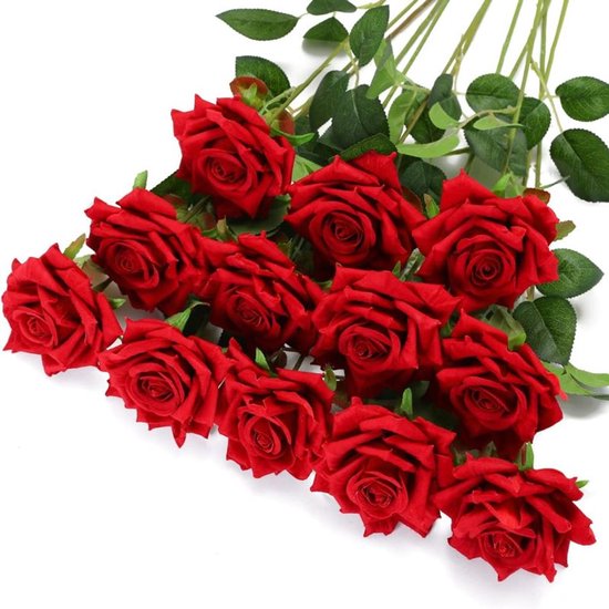 12 stuks kunstrozen fluwelen bloemen met lange steel nep rozen boeket ...