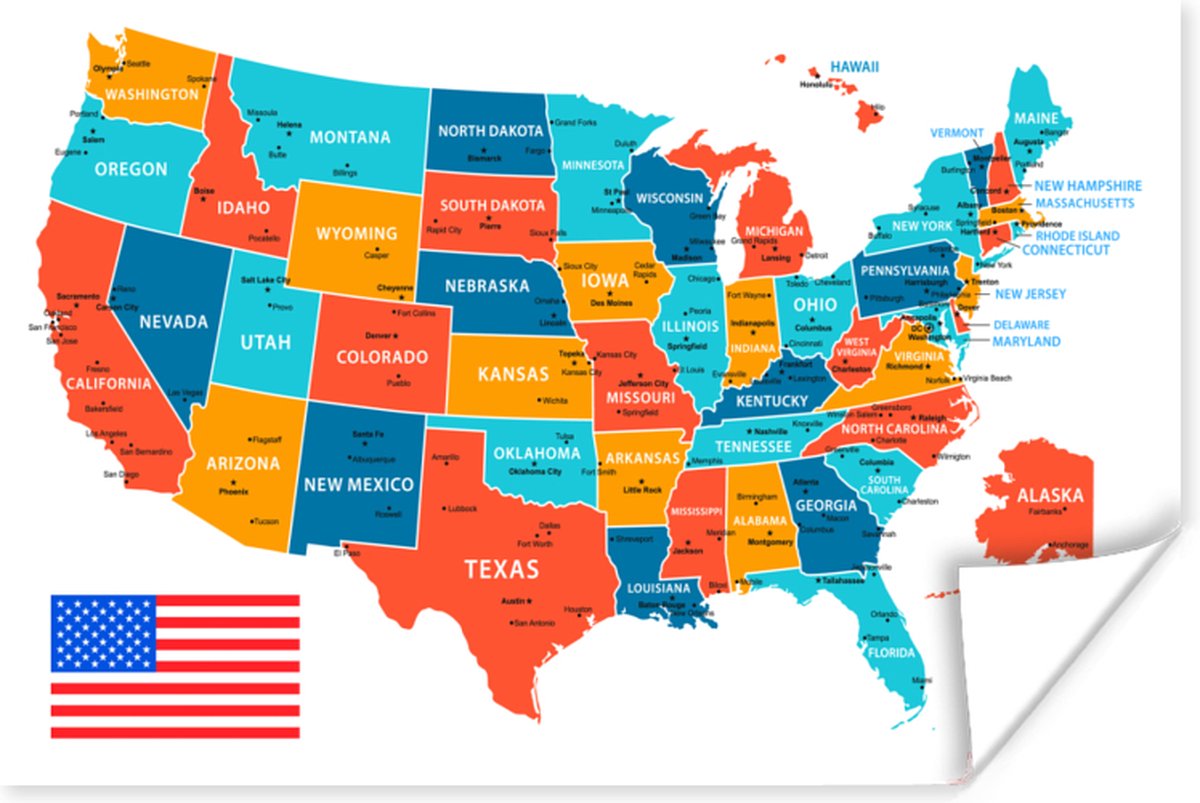 Poster Landkaart Amerika in kleur - 180x120 cm XXL | bol.com