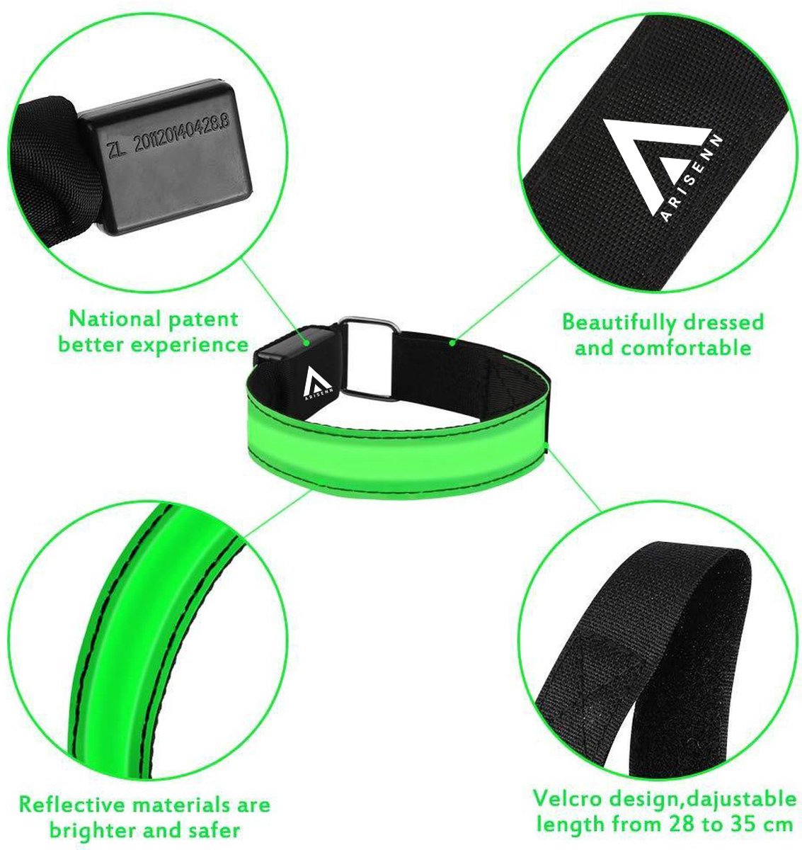 Arisenn® OPLAADBAAR LED LIGHTNING BAND GROEN|3 standen | Reflecterende ...