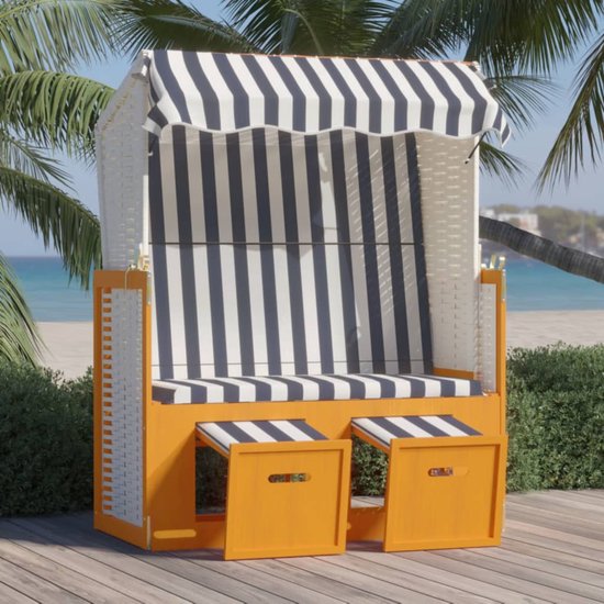 vidaXL Strandstoel met luifel poly rattan en massief hout wit en blauw ...