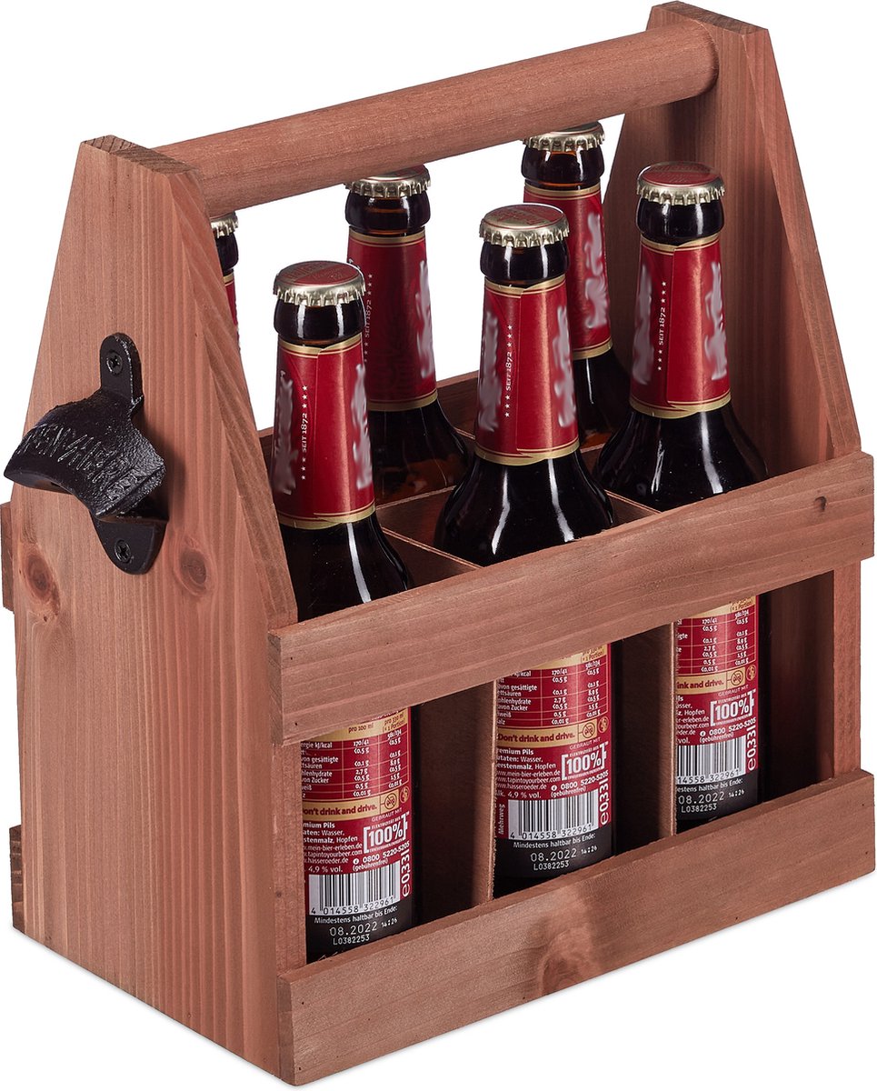 Relaxdays bierdrager - bierhouder 6 flessen - met flesopener - biertray ...