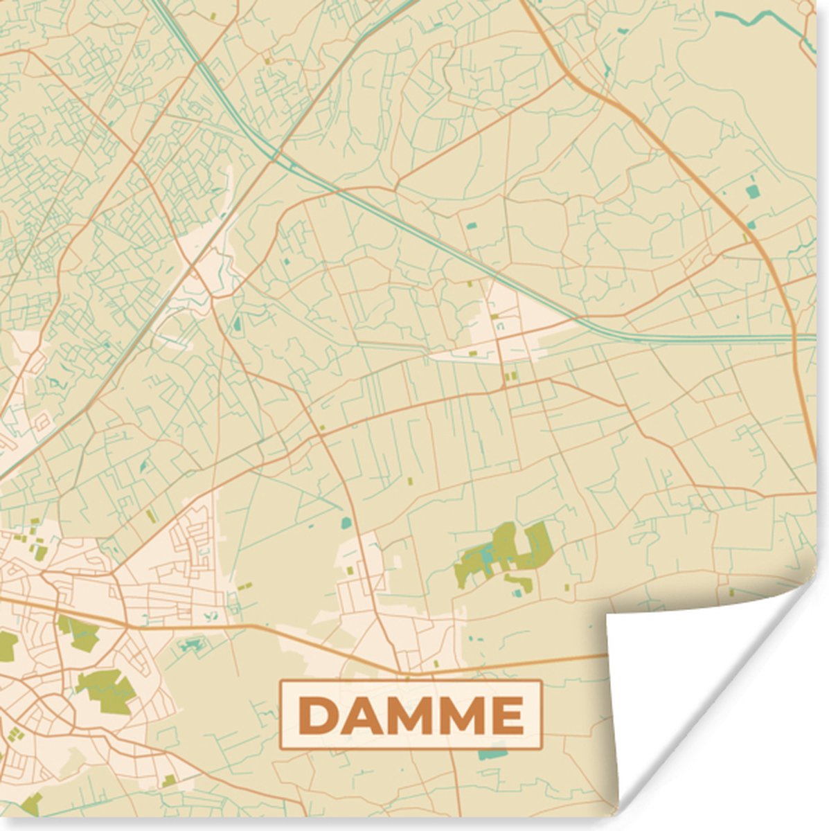 Poster Damme - Vintage - Plattegrond - Stadskaart - Kaart - 100x100 cm ...