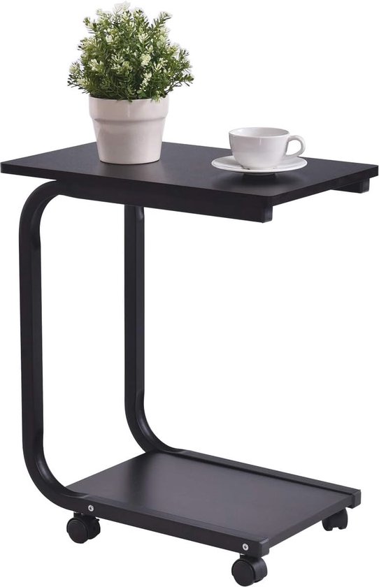 C-vormige Bijzettafel op Wieltjes - Beweegbare Laptoptafel met Houten ...