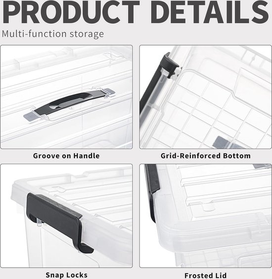 Stapelbare 45L Plastic Opbergdozen - Set van 4 met Handvat en Deksels | bol