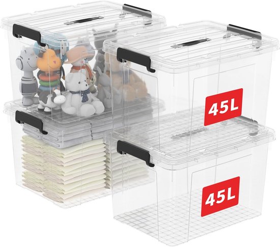Stapelbare 45L Plastic Opbergdozen - Set van 4 met Handvat en Deksels | bol
