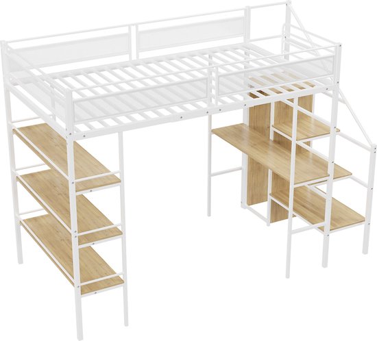 Merax Hoogslaper 90x200 cm met Bureau - Kast - 3 Opbergrekken en ...