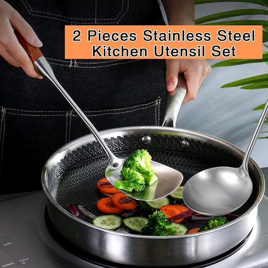 RVS Wok Spatel en Soep Pollepel Set - 2 Stuks Keukengerei Set met ...